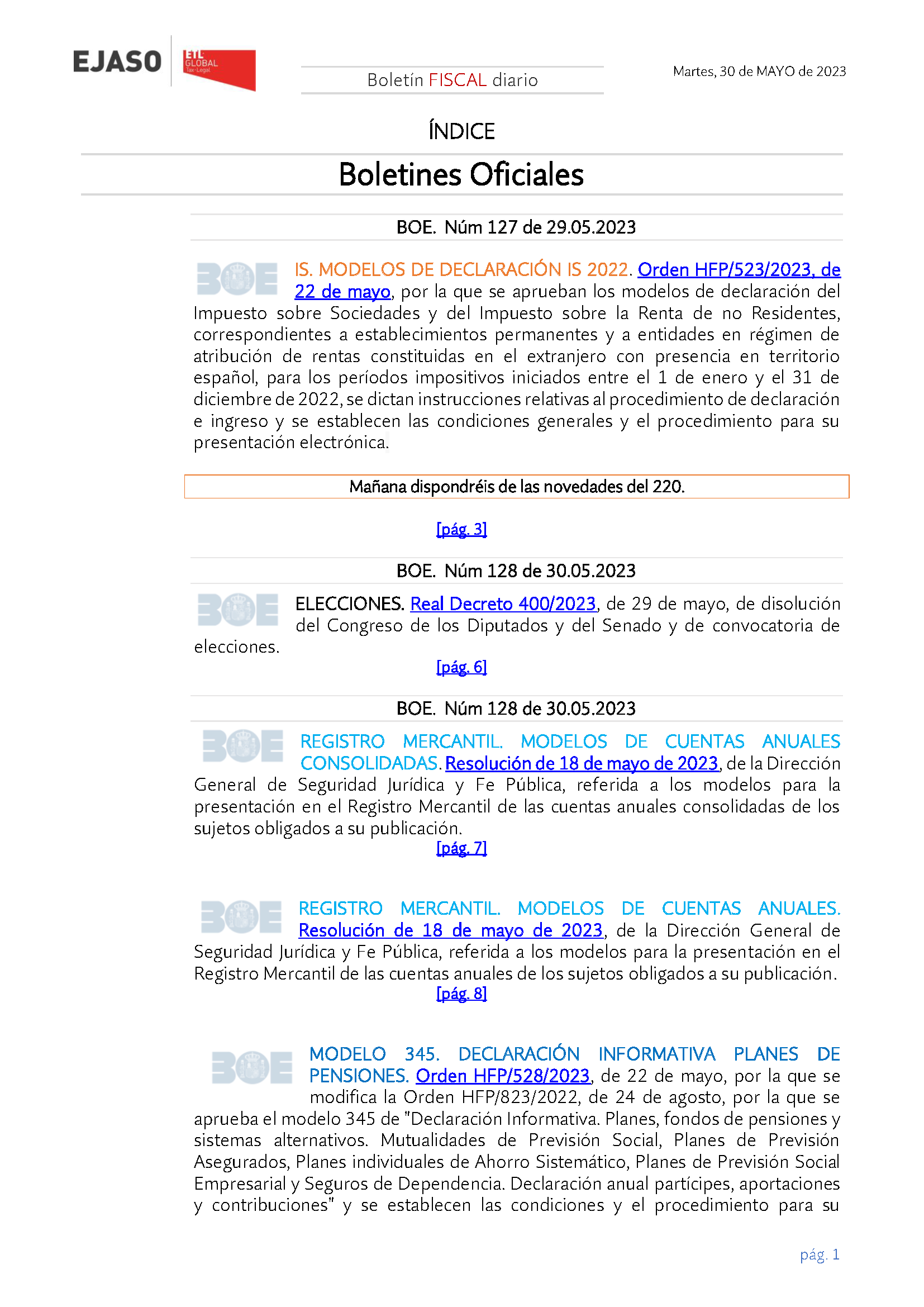Boletín 30/05/2023 ETL EJASO - Primera Lectura Ediciones